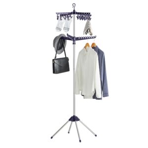 songmics 2-tier clothes drying rack, 72-inch folding laundry drying rack with 3 rotatable arms for hangers, 24 clips, stainless steel, for 27 pieces of clothes, blue and silver ullr512q01