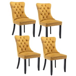 rhomtree set of 4 velvet fabric dining chairs luxury tufted back with nailed trim and back ring pull home kitchen dining room chairs armless side chairs solid rubber wood legs (gold)