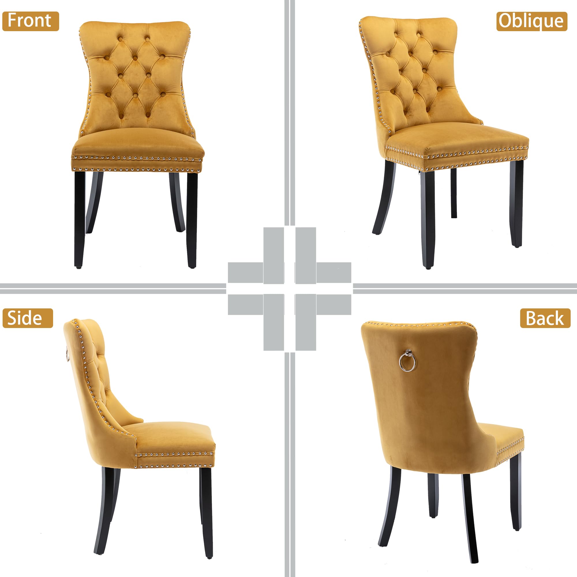 Rhomtree Set of 4 Velvet Fabric Dining Chairs Luxury Tufted Back with Nailed Trim and Back Ring Pull Home Kitchen Dining Room Chairs Armless Side Chairs Solid Rubber Wood Legs (Gold)