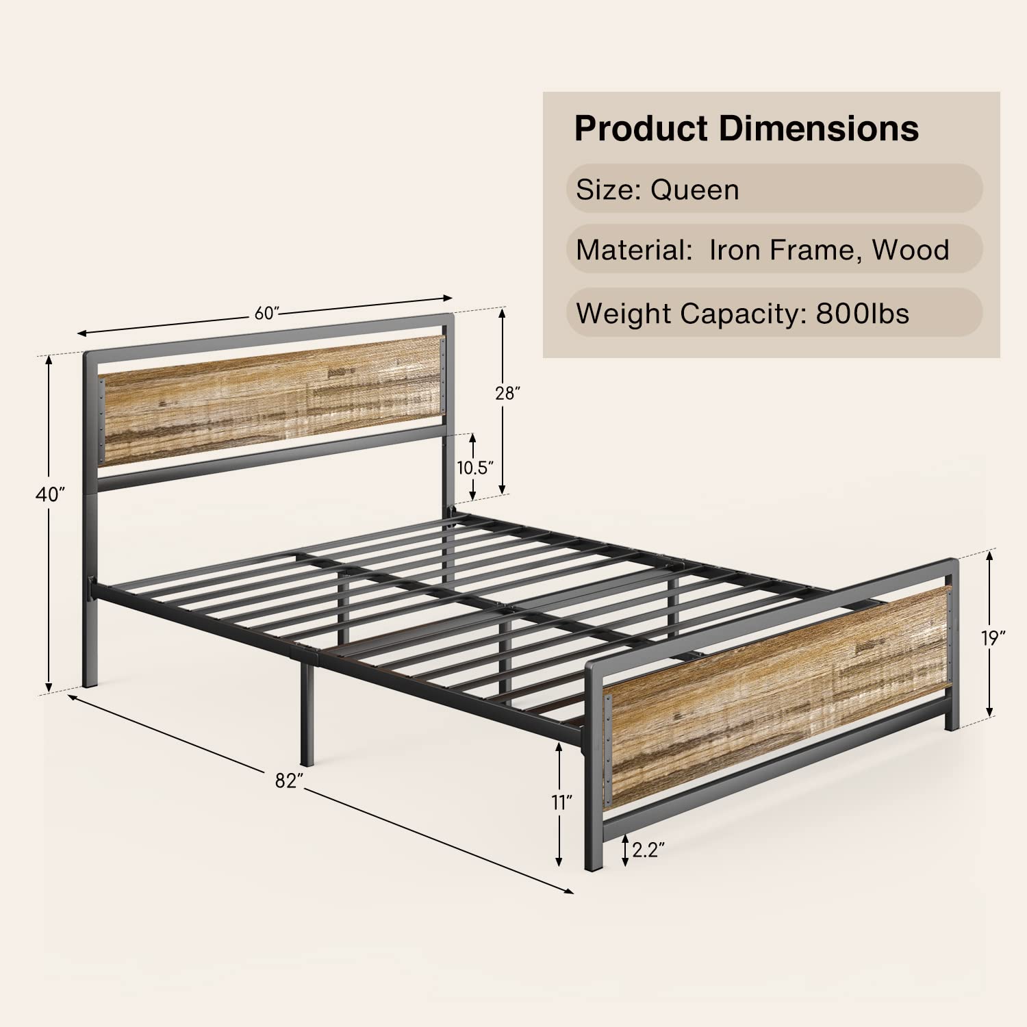 Gizoon Queen Metal Platform Bed with Wooden Headboard, 15 Inch Iron Slats, Large Under-Bed Storage, No Noise, No Box Spring Needed, Easy Assembly, Grey