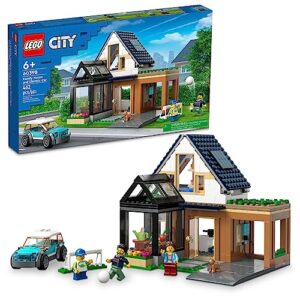 lego my city family house and electric car 60398 building toy set, includes a kitchen, 2 bedrooms, greenhouse, solar panels plus 3 minifigures and a puppy, gift idea for ages 6+