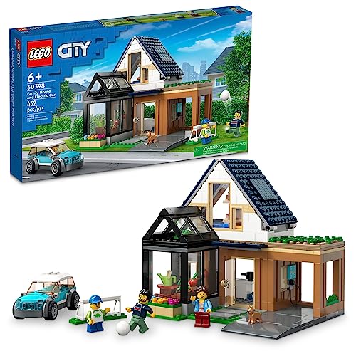 LEGO My City Family House and Electric Car 60398 Building Toy Set, includes a Kitchen, 2 Bedrooms, Greenhouse, Solar Panels Plus 3 Minifigures and a Puppy, Gift Idea for Ages 6+