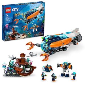 lego city deep-sea explorer submarine 60379 building toy set, ocean submarine playset with shipwreck setting, 6 minifigures and 3 shark figures for imaginative play, a gift idea for ages 7+