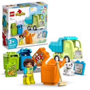 lego duplo town recycling truck 10987 building toy set, learn through play with this stem creative birthday gift for toddlers, boys, girls ages 2+, comes with 3 sorting bins for recycling