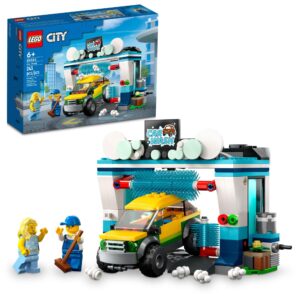 lego city car wash 60362 building toy set, fun gift idea for kids ages 6+, features spinnable washer brushes and includes an automobile and 2 minifigures