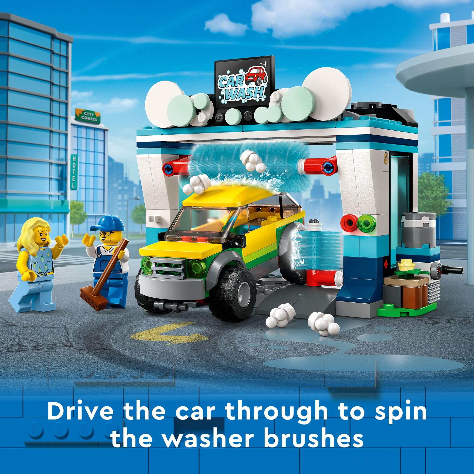 LEGO City Car Wash 60362 Building Toy Set, Fun Gift Idea for Kids ages 6+, Features Spinnable Washer Brushes and includes an Automobile and 2 Minifigures