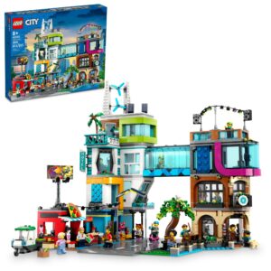 lego city downtown 60380 building toy set, multi-feature playset with connecting room modules, includes 14 inspiring minifigure characters and a dog figure, sensory toy for kids ages 8+