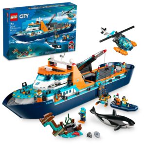 lego city arctic explorer ship 60368 building toy set, fun toy gift for 7 year old boys and girls, with a floatable boat, helicopter, dinghy, rov sub, viking shipwreck, 7 minifigures and an orca