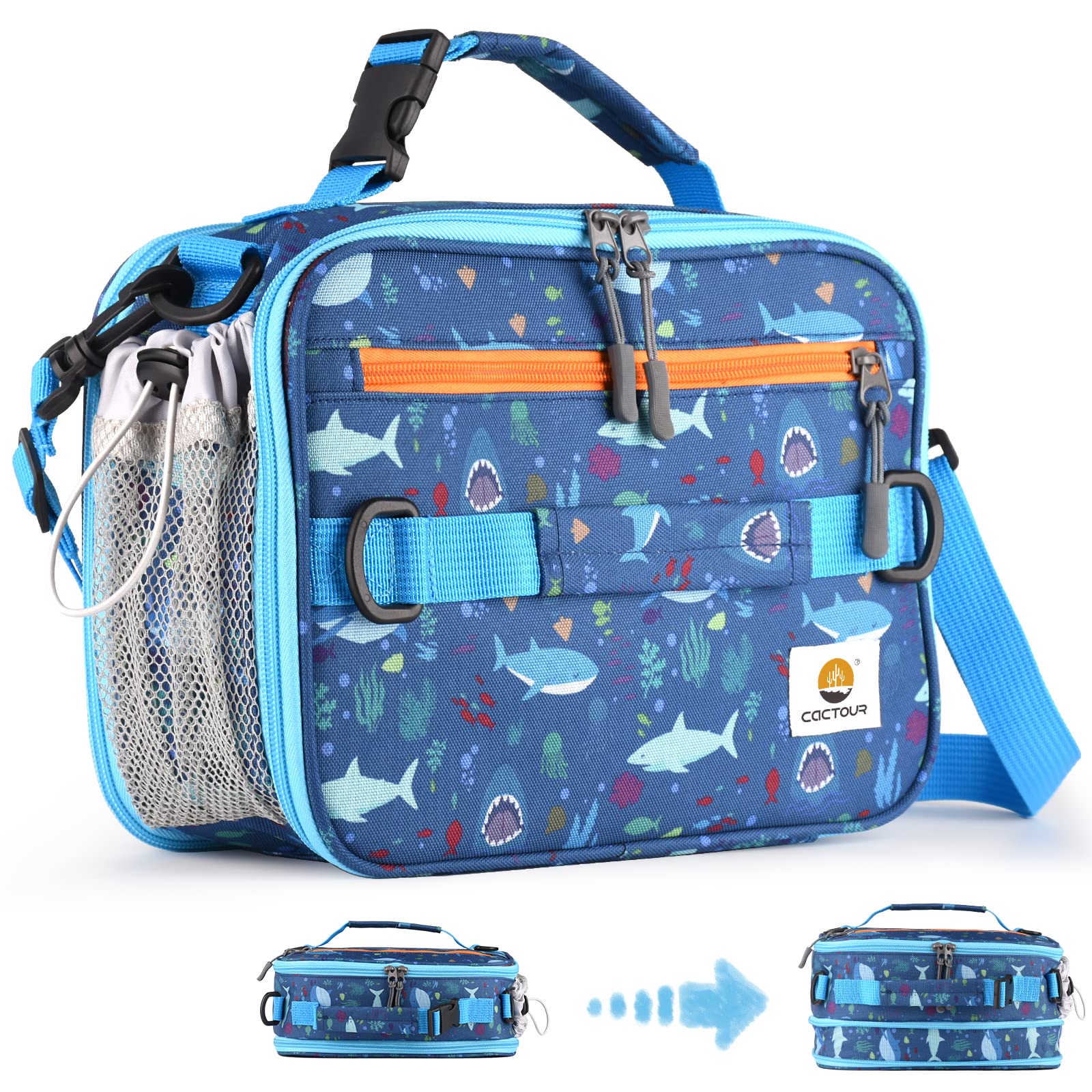 CaCTOUR Insulated Lunch Bag,Expandable Kids Lunch Box,Double Zipper & Lunch Bag Kids with Strap,Lightweight Reusable Lunch Tote Bag for Boys Girls,Meal Containers for School/Picnic (Shark)