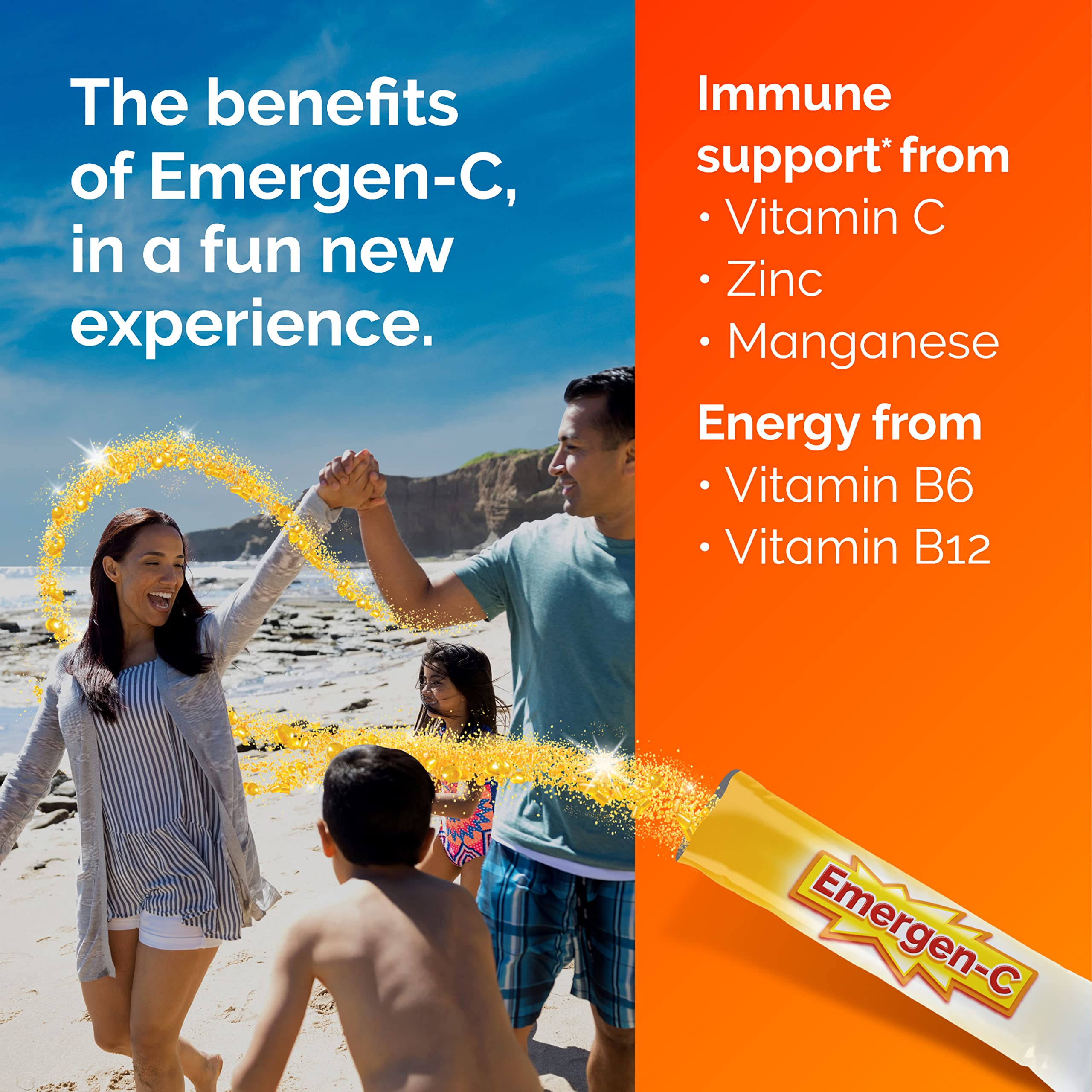 Emergen-C Crystals, On-The-Go Immune Support Supplement with Vitamin C, B Vitamins, Zinc and Manganese, Orange Vitality - 56 Stick Packs