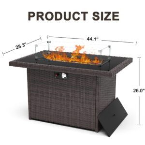 Propane Fire Pit Table, 44" Outdoor Gas Fire Pit with Glass Wind Guard & Waterproof Cover