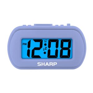 sharp digital alarm clock – tactile plastic case with soft rubberized finish - battery operated – blue backlight on demand – ascending alarm – easy to use – charcoal black