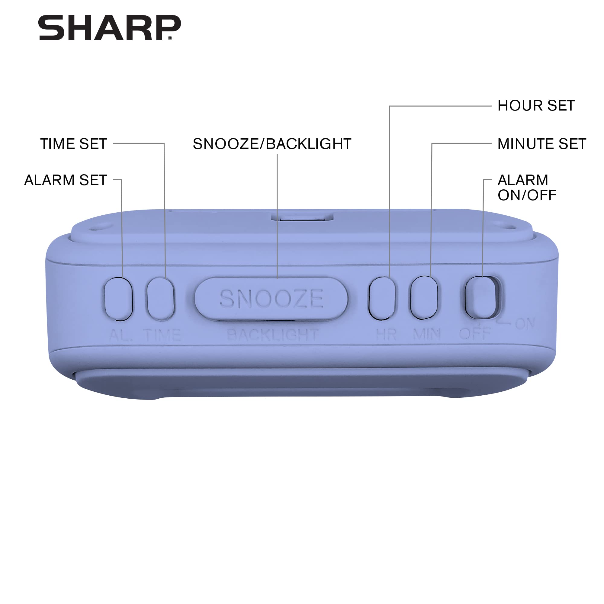 SHARP Digital Alarm Clock – Tactile Plastic Case with Soft Rubberized Finish - Battery Operated – Blue Backlight on Demand – Ascending Alarm – Easy to Use – Charcoal Black