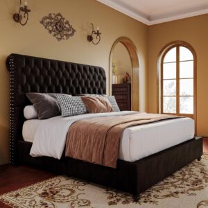 papajet bed frame queen size upholstered platform bed with 52.8'' tall sleigh headboard, button tufted, no box spring needed, easy assembly, black