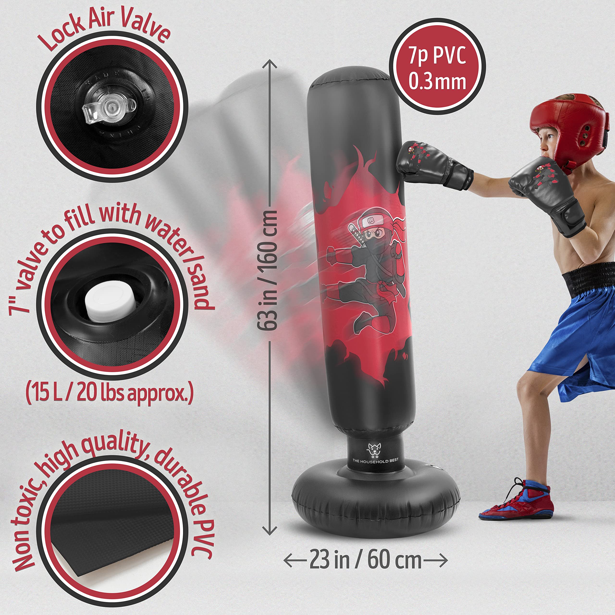 THB Inflatable Punching Bag for Kids, 63" Freestanding Ninja Boxing Bag Including Electric Air Pump with Gloves for Practicing Karate, Taekwondo, MMA (Black)