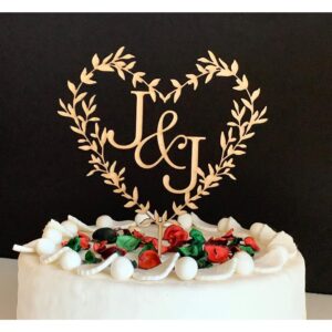 personalized 2 initials wedding cake topper, heart cake topper, hand lettered initials, mr & mrs custom cake topper, anniversary letters flower cake topper bride and groom monogram floral heart wreath