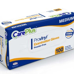 Care Plus Medical Vinyl Exam Gloves Medium, Latex Free, Powder Free, Rubber, Non Sterile Exam, Healthcare, Doctor, Home and Food Safe, 100 Count