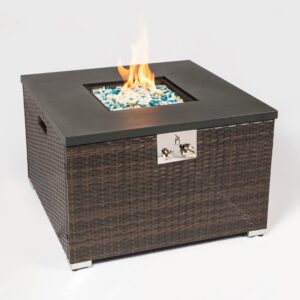 28in gas fire pit table, 40,000 btu outdoor wicker patio propane firepit w/faux wood tabletop, clear glass rocks, cover, hideaway tank holder, lid 9（ brown）