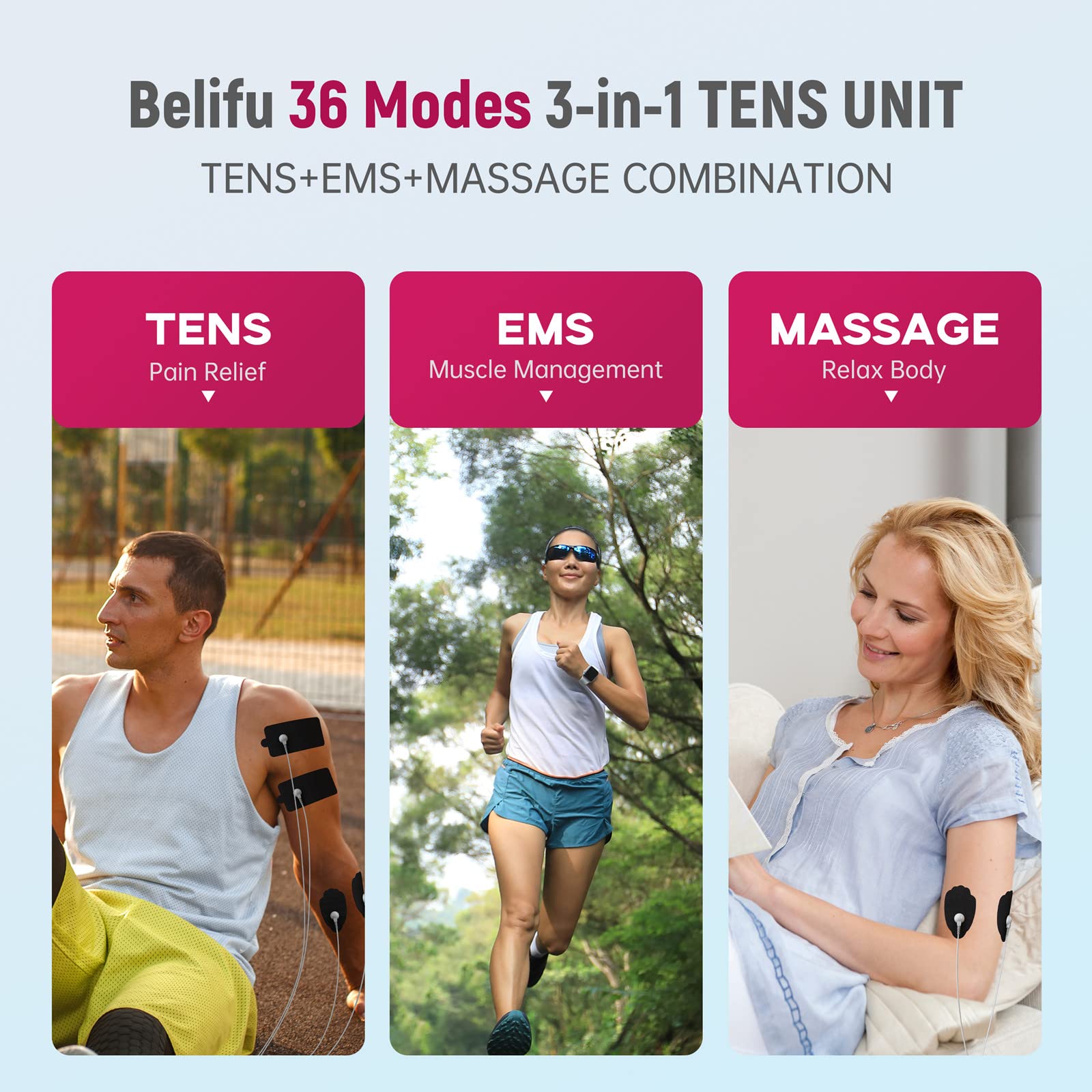 Belifu 3-in-1 36 Modes TENS EMS Unit, Muscle Stimulator TENS Machine for Pain Relief, Dual Channel Electronic Pulse Massager Muscle Massager for Lower Back Neck Shoulder Pain Relief with 10 Pads