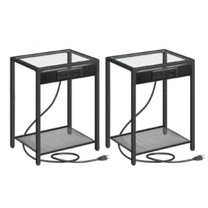 hoobro side table with charging station, set of 2 end tables with usb ports, nightstand for tight spaces, tempered glass, modern metal frame, for office, bedroom, living room, black bk76ubzp201