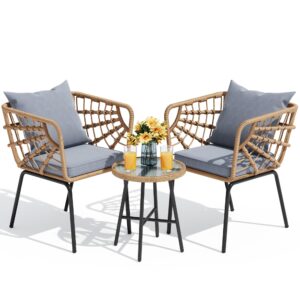 yitahome wicker 3-piece outdoor bistro set, all-weather patio conversation set for balcony, backyard, pool, porch, deck, outdoor sectional furniture set with table & cushions - grey