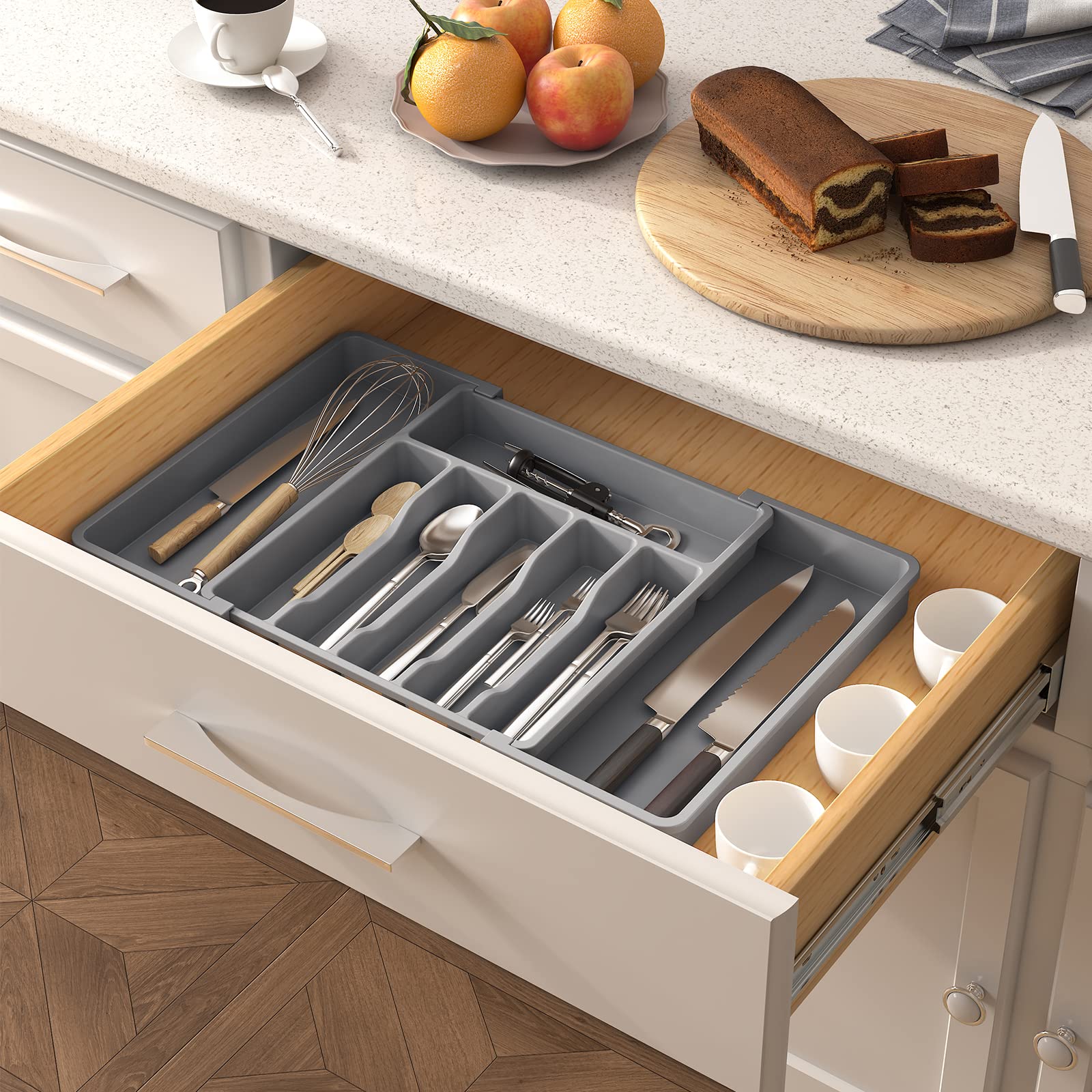 Lifewit Silverware Drawer Organizer, Expandable Utensil Tray for Kitchen, BPA Free Flatware and Cutlery Holder, Adjustable Plastic Storage for Spoons Forks Knives, Large, Grey