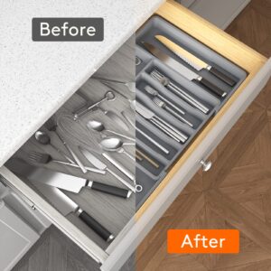 Lifewit Silverware Drawer Organizer, Expandable Utensil Tray for Kitchen, BPA Free Flatware and Cutlery Holder, Adjustable Plastic Storage for Spoons Forks Knives, Large, Grey