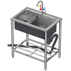 freestanding stainless steel sink commercial restaurant sink single bowl outdoor sink with cold and hot water pipe undershelf faucet for cafe, bar,hotel,garage,laundry room,28.3"d x 19.3"w x 31.5"h