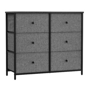 songmics dresser for bedroom, chest of drawers, 6 drawer dresser, closet fabric dresser with metal frame, gray and black with wood grain ults323g22, 11.8”d x 31.5”w x 27.1”h