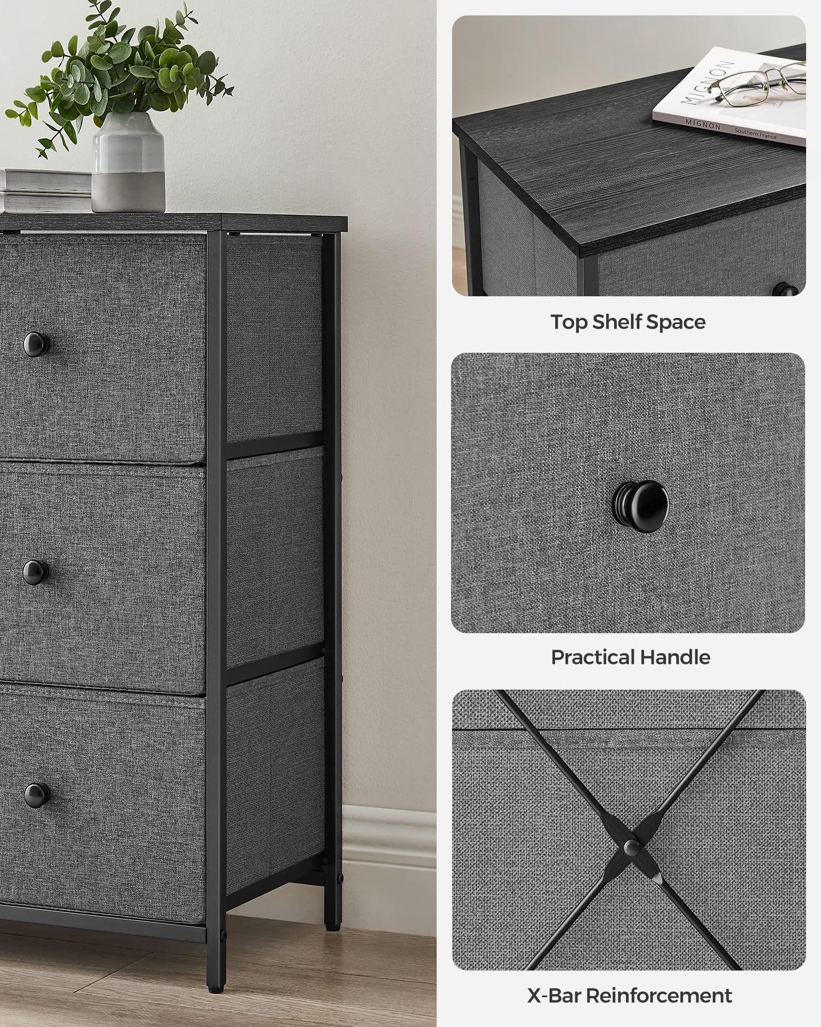 SONGMICS Dresser for Bedroom, Chest of Drawers, 6 Drawer Dresser, Closet Fabric Dresser with Metal Frame, Gray and Black with Wood Grain ULTS323G22, 11.8”D x 31.5”W x 27.1”H