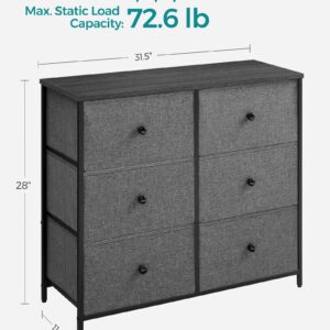 SONGMICS Dresser for Bedroom, Chest of Drawers, 6 Drawer Dresser, Closet Fabric Dresser with Metal Frame, Gray and Black with Wood Grain ULTS323G22, 11.8”D x 31.5”W x 27.1”H