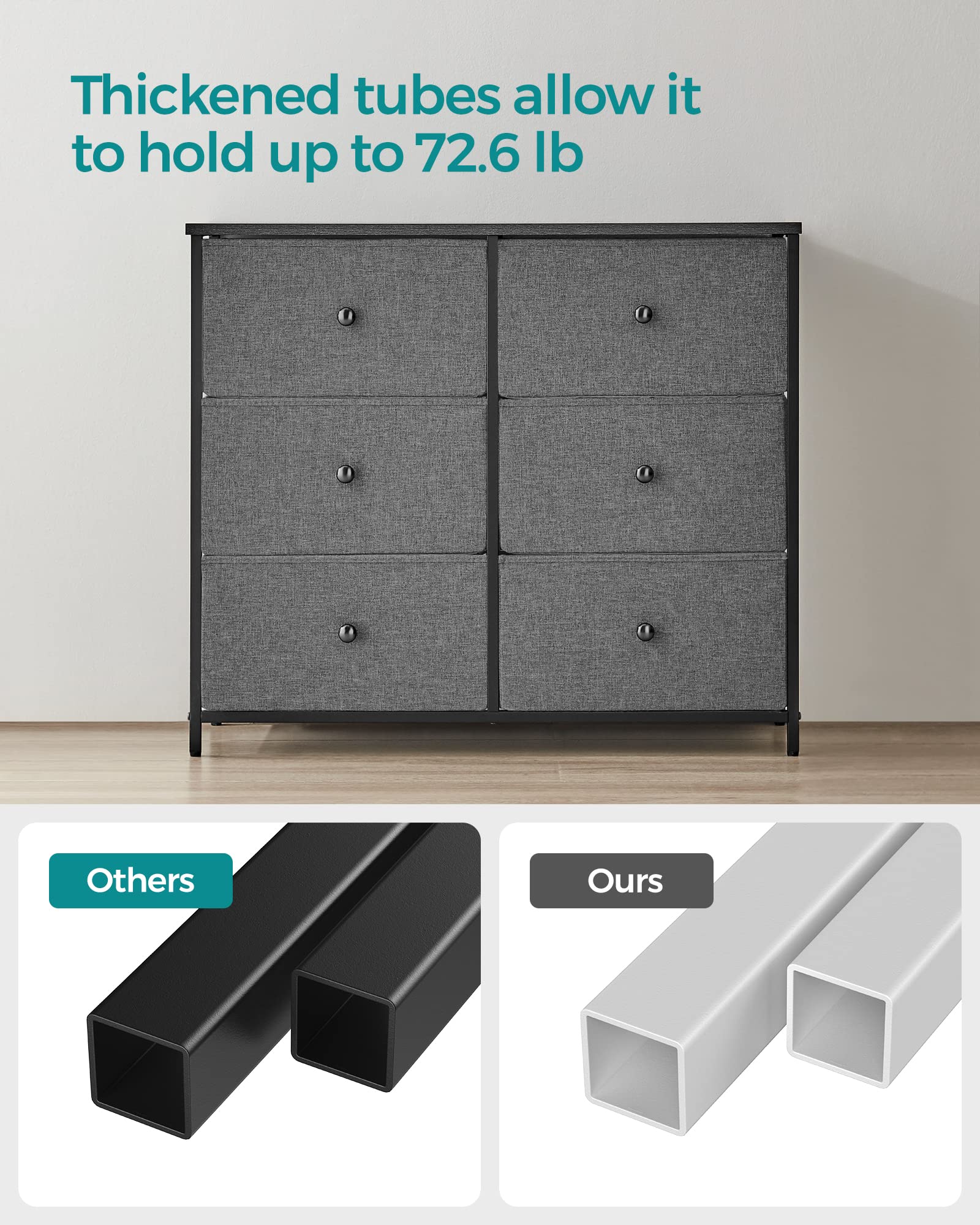 SONGMICS Dresser for Bedroom, Chest of Drawers, 6 Drawer Dresser, Closet Fabric Dresser with Metal Frame, Gray and Black with Wood Grain ULTS323G22, 11.8”D x 31.5”W x 27.1”H