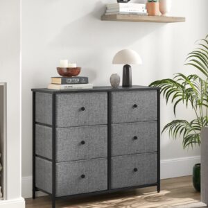 SONGMICS Dresser for Bedroom, Chest of Drawers, 6 Drawer Dresser, Closet Fabric Dresser with Metal Frame, Gray and Black with Wood Grain ULTS323G22, 11.8”D x 31.5”W x 27.1”H