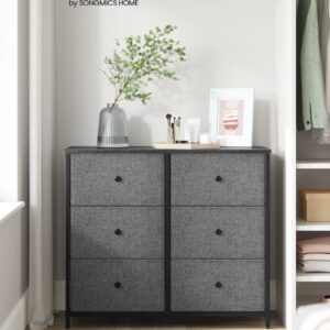 SONGMICS Dresser for Bedroom, Chest of Drawers, 6 Drawer Dresser, Closet Fabric Dresser with Metal Frame, Gray and Black with Wood Grain ULTS323G22, 11.8”D x 31.5”W x 27.1”H