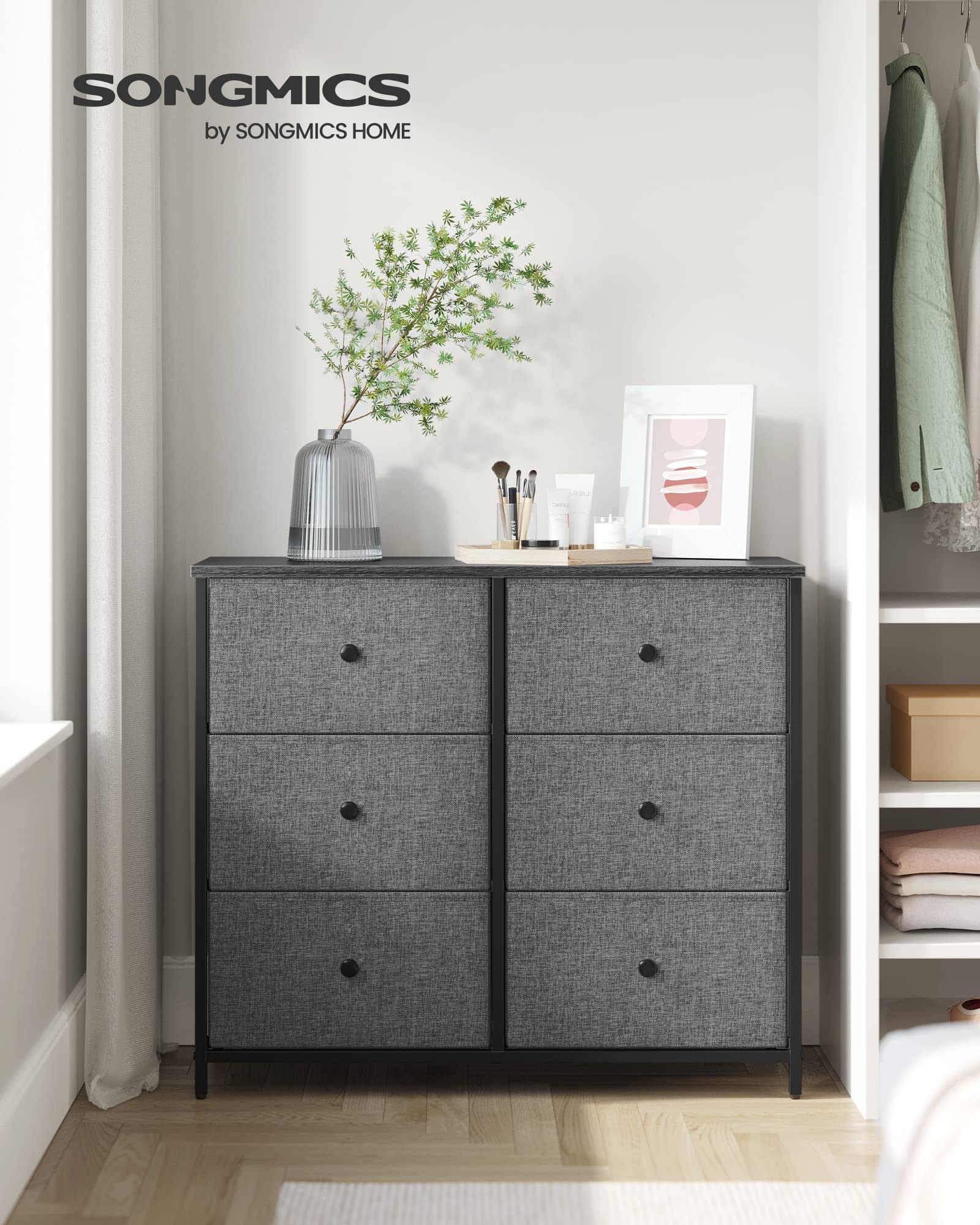 SONGMICS Dresser for Bedroom, Chest of Drawers, 6 Drawer Dresser, Closet Fabric Dresser with Metal Frame, Gray and Black with Wood Grain ULTS323G22, 11.8”D x 31.5”W x 27.1”H