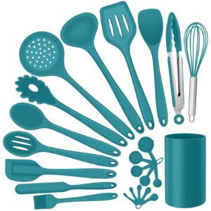 silicone kitchen utensils set, e-far 23 pcs blue cooking utensils tools with holder for nonstick cookware, include spatula/spoon/ladle/tongs/turner, heat resistant & nontoxic, dishwasher safe