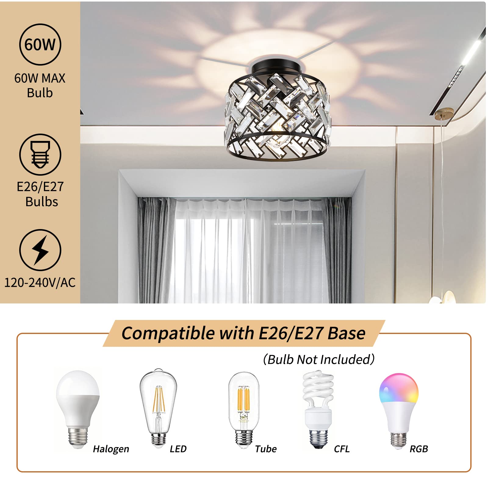 FRIDEKO HOME Light Fixtures Ceiling Mount - Black Hallway Light Fixtures Ceiling Crystal Semi Flush Mount Ceiling Light Bedroom Ceiling Lights for Kitchen Living Room Bathroom Porch