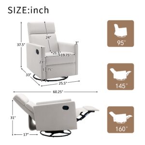 Modern Upholstered Rocker Chair Plush Seating Glider Swivel Recliner Chair, Recliners Can Rotate 360°and Support 3 Adjustment Angles, Suitable for Living Rooms, Bedrooms, Apartments, Etc (Beige)