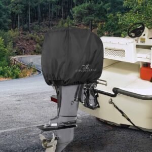 Explore Land Outboard Motor Cover - Waterproof 600D Heavy Duty Boat Engine Hood Covers - Fit for Motor 115-225 HP, Black