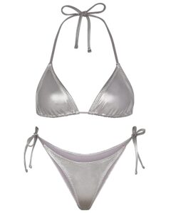 ella lust metallic bikini for women - silver bathing suit high waisted tie side thong bottom triangle top shiny swimsuit(silver,xs,1026a)