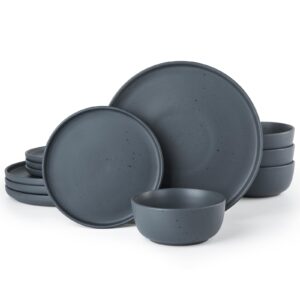 famiware dawn plates and bowls sets, 12 pieces stoneware dinnerware sets, dishes set for 4, microwave and dishwasher safe, charcoal