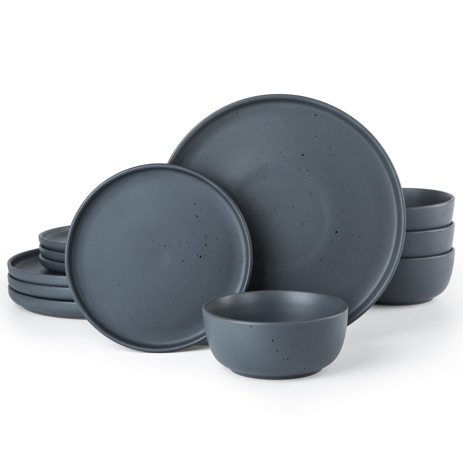 Famiware Dawn Plates and Bowls Sets, 12 Pieces Stoneware Dinnerware Sets, Dishes Set for 4, Microwave and Dishwasher Safe, Charcoal