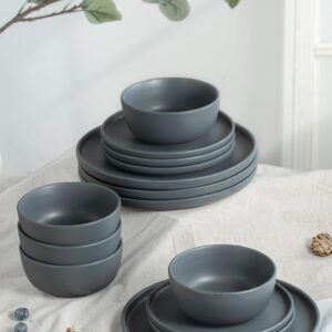 Famiware Dawn Plates and Bowls Sets, 12 Pieces Stoneware Dinnerware Sets, Dishes Set for 4, Microwave and Dishwasher Safe, Charcoal