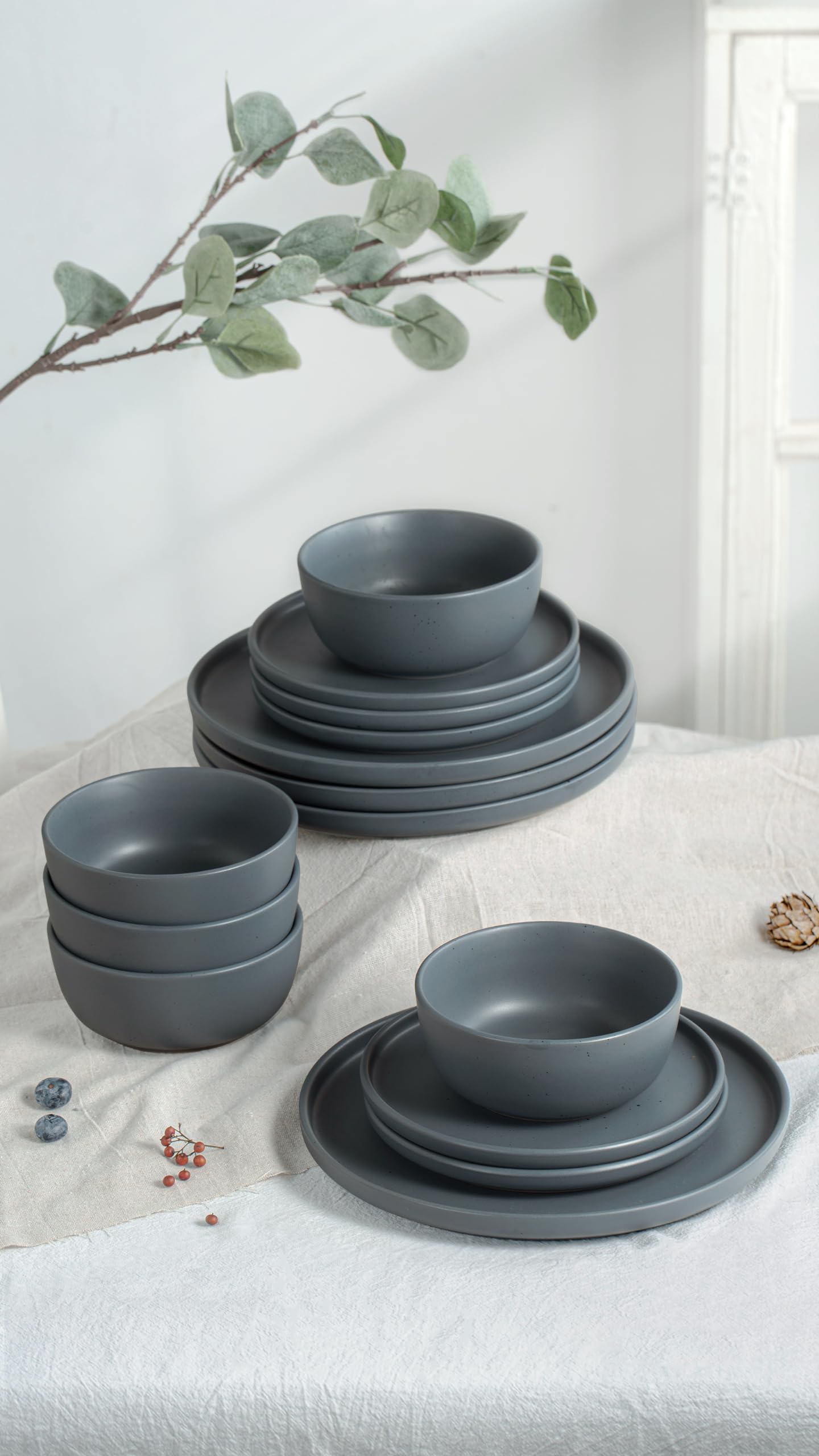 Famiware Dawn Plates and Bowls Sets, 12 Pieces Stoneware Dinnerware Sets, Dishes Set for 4, Microwave and Dishwasher Safe, Charcoal