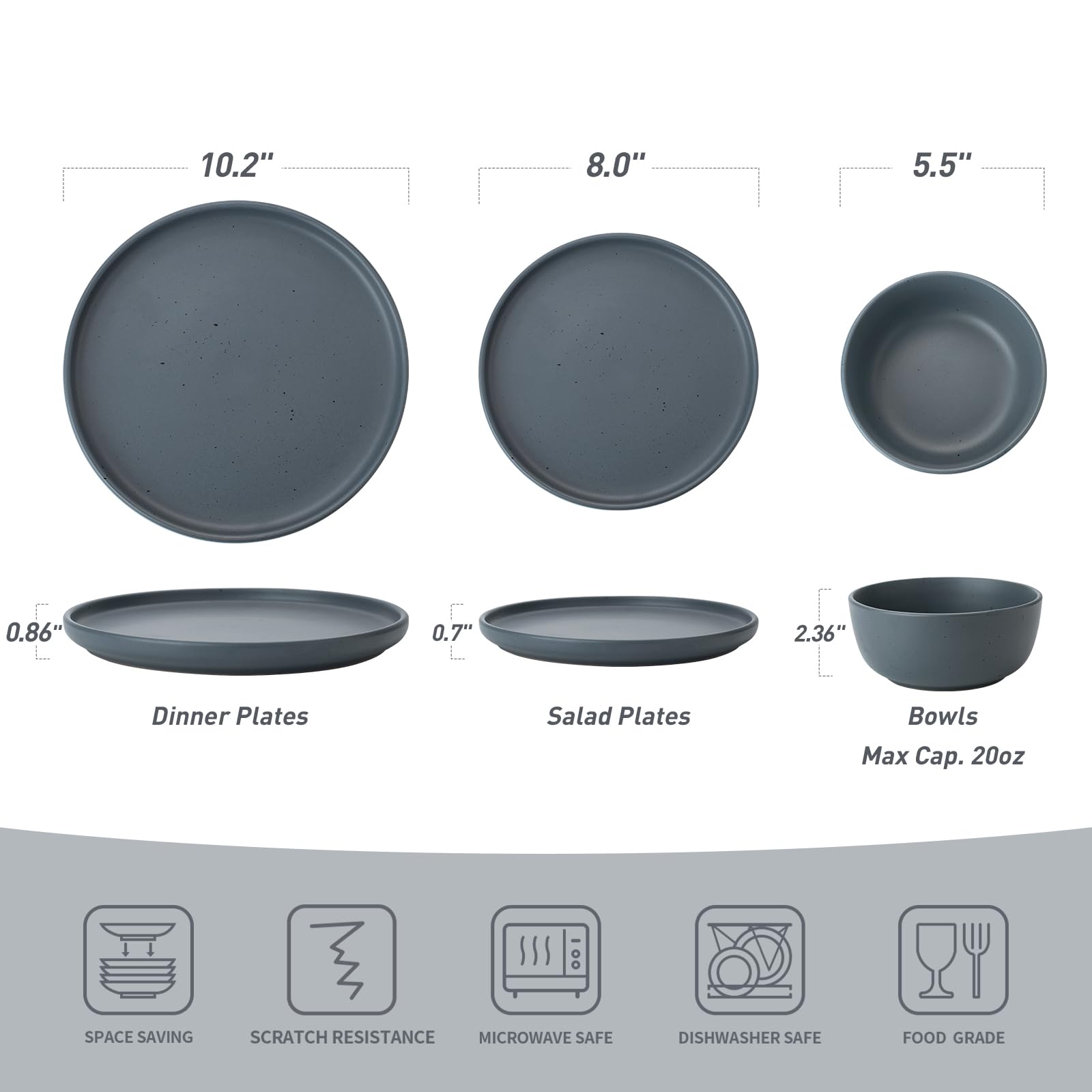 Famiware Dawn Plates and Bowls Sets, 12 Pieces Stoneware Dinnerware Sets, Dishes Set for 4, Microwave and Dishwasher Safe, Charcoal