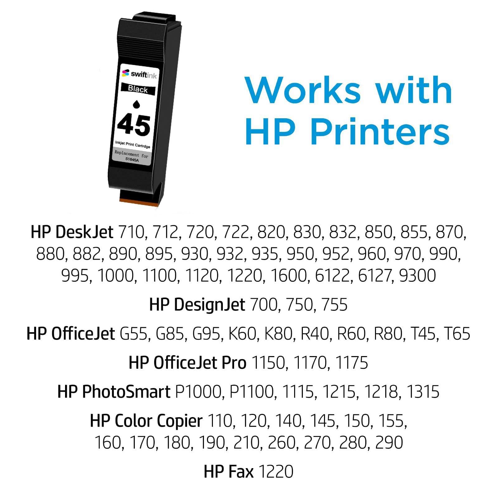 Swift Ink Remanufactured for HP 45 (51645A) Ink Cartridge (Black, Single Pack)