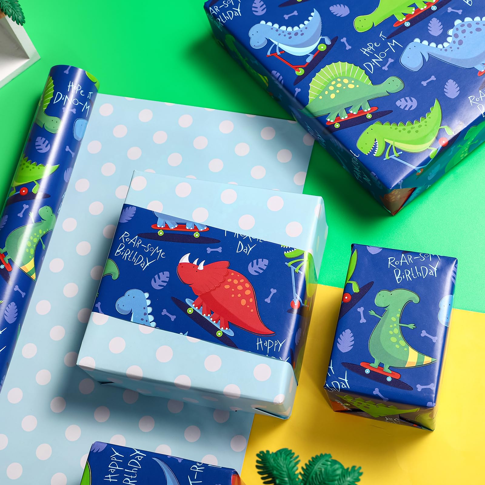 WRAPAHOLIC Reversible Wrapping Paper - Mini Roll - 17 Inch x 33 Feet - Dinosaur and Polka Dot Design for Kid's Birthday, Party, Baby Shower