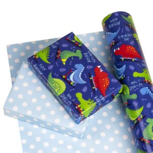 WRAPAHOLIC Reversible Wrapping Paper - Mini Roll - 17 Inch x 33 Feet - Dinosaur and Polka Dot Design for Kid's Birthday, Party, Baby Shower