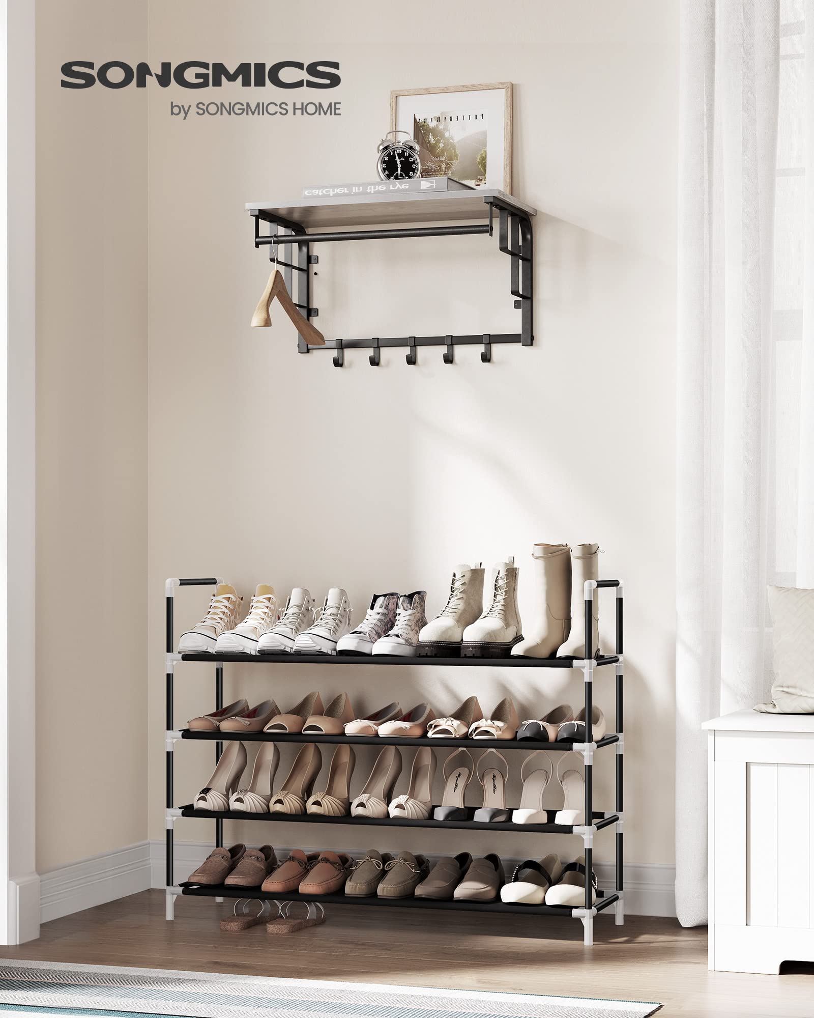 SONGMICS 4-Tier Shoe Rack with Shelves for Closet Entryway, Black ULSH054B01