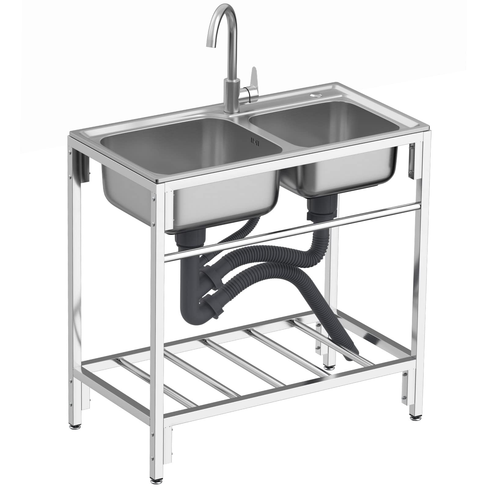 Stainless Steel Utility Sink Double Bowl, Freestanding Commercial Restaurant Sink Anti-overflow with Faucet & Shelves for Garden, Kitchen, Laundry Room, Garage, Outdoor, 31.5"×17"×29.5"